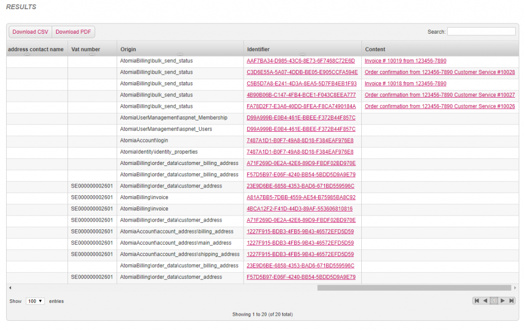 Searching GDPR data - Atomia Documentation