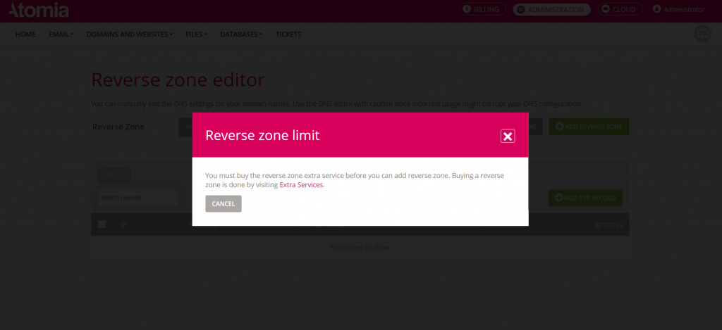 Enable Reverse zone page - Atomia Documentation