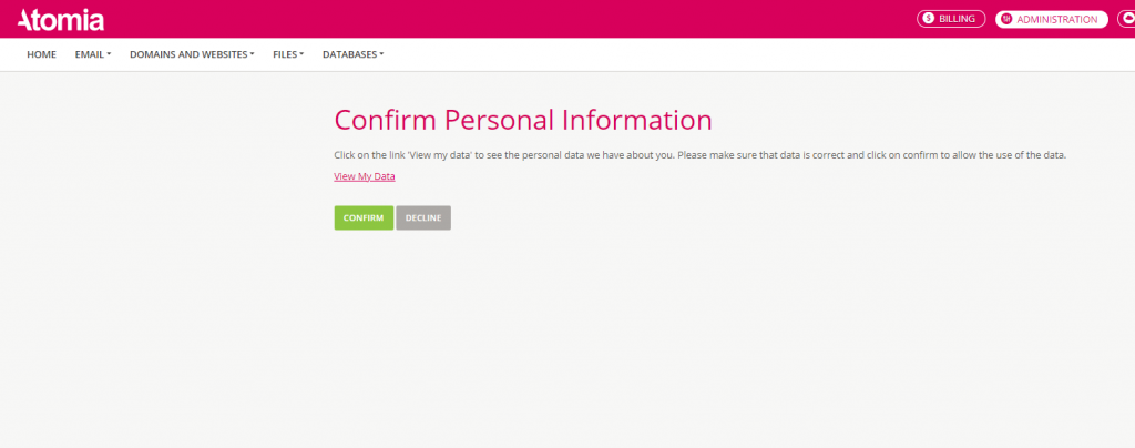 Enable periodic personal information confirmation - Atomia Documentation